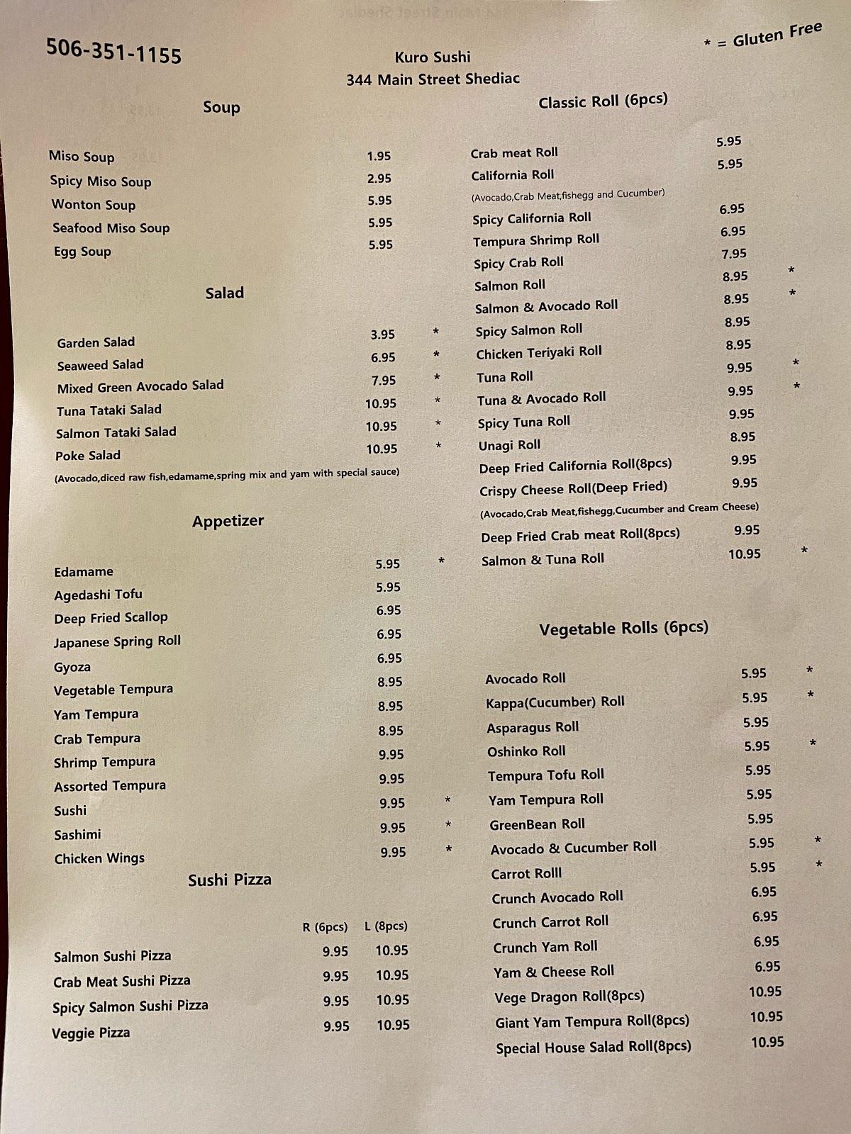 Menu at Kuro sushi restaurant, Shediac