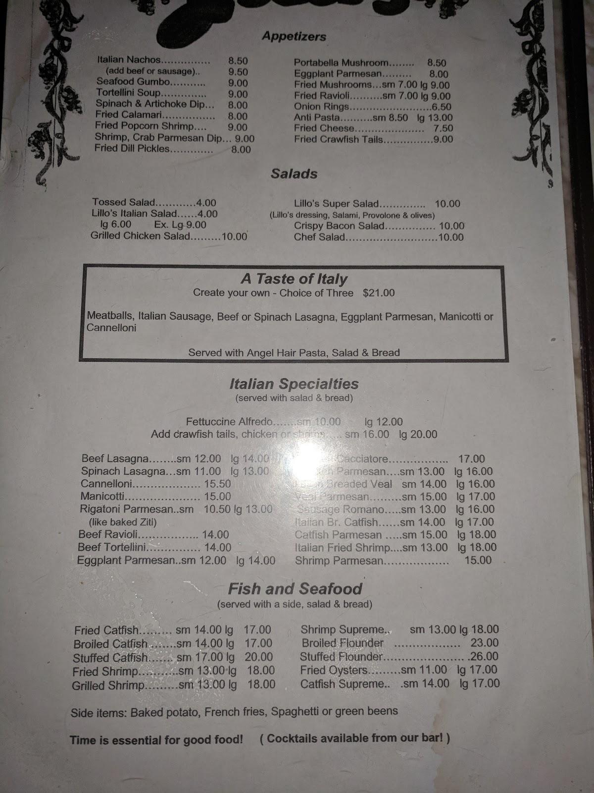 Menu at Lillos Restaurant, Leland, US-278