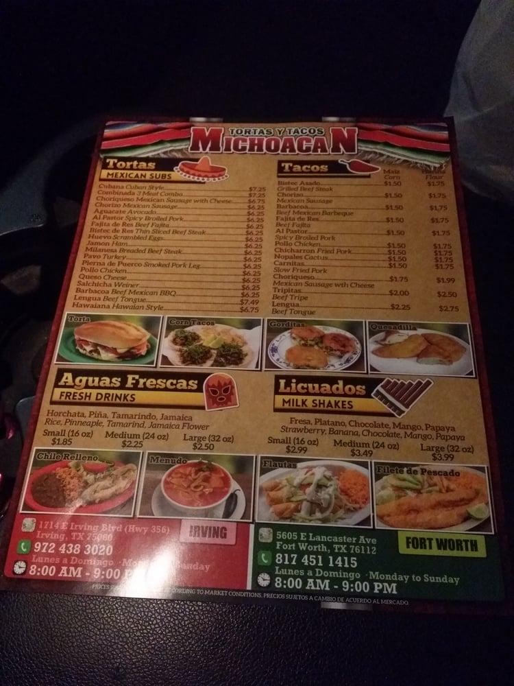 Menu at Michoacan Tortas y Tacos restaurant, Fort Worth
