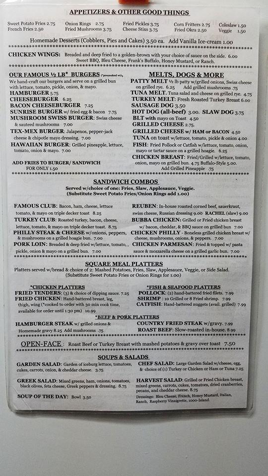 Menu at Square Meal restaurant, Salt Springs