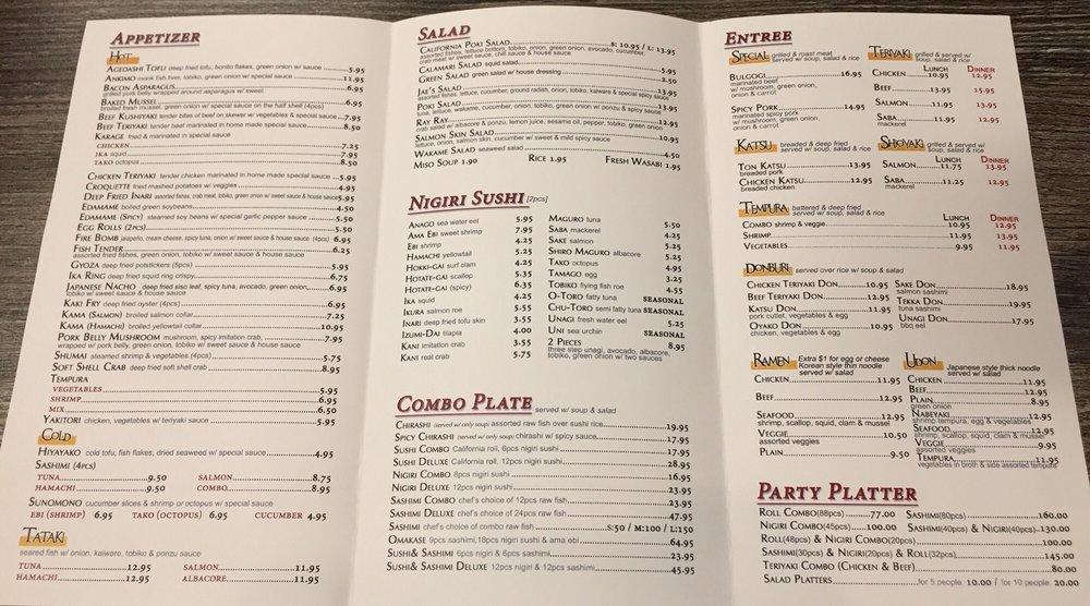 Menu at Sushi Jae restaurant, San Jose