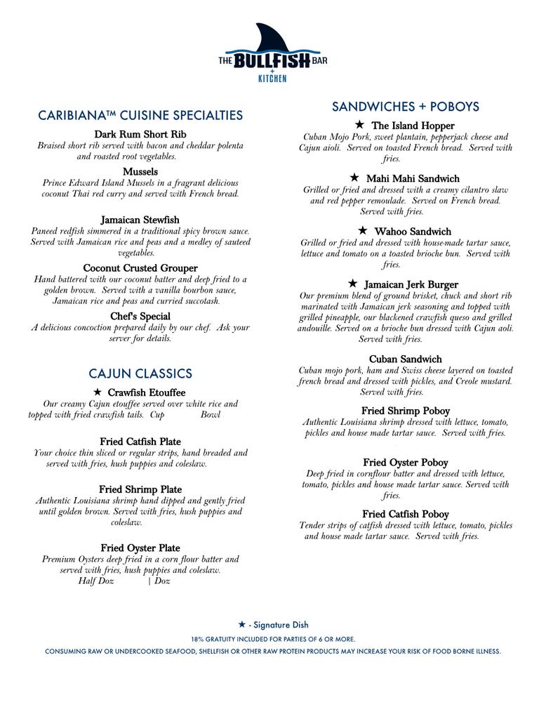 Menu at The Bullfish Bistro pub & bar, Baton Rouge