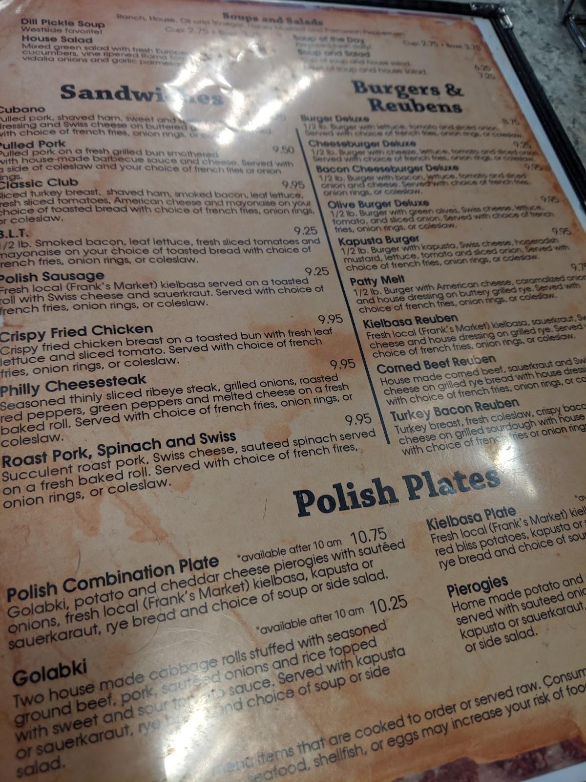 Menu at Westsider Cafe, Grand Rapids