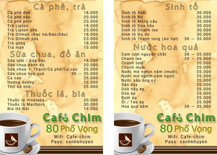 Menu at Cà Phê Chim cafe, Hanoi