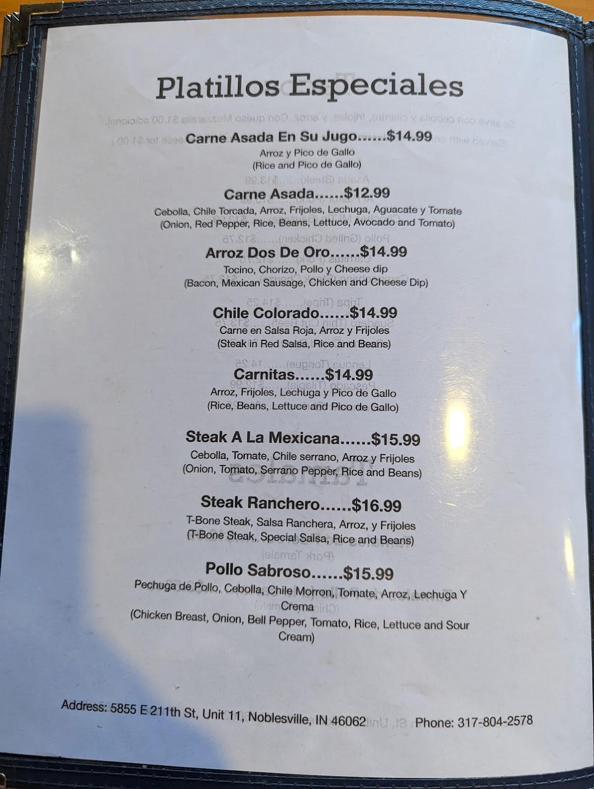Carta del restaurante EL DOS DE ORO TAQUERIA, Noblesville