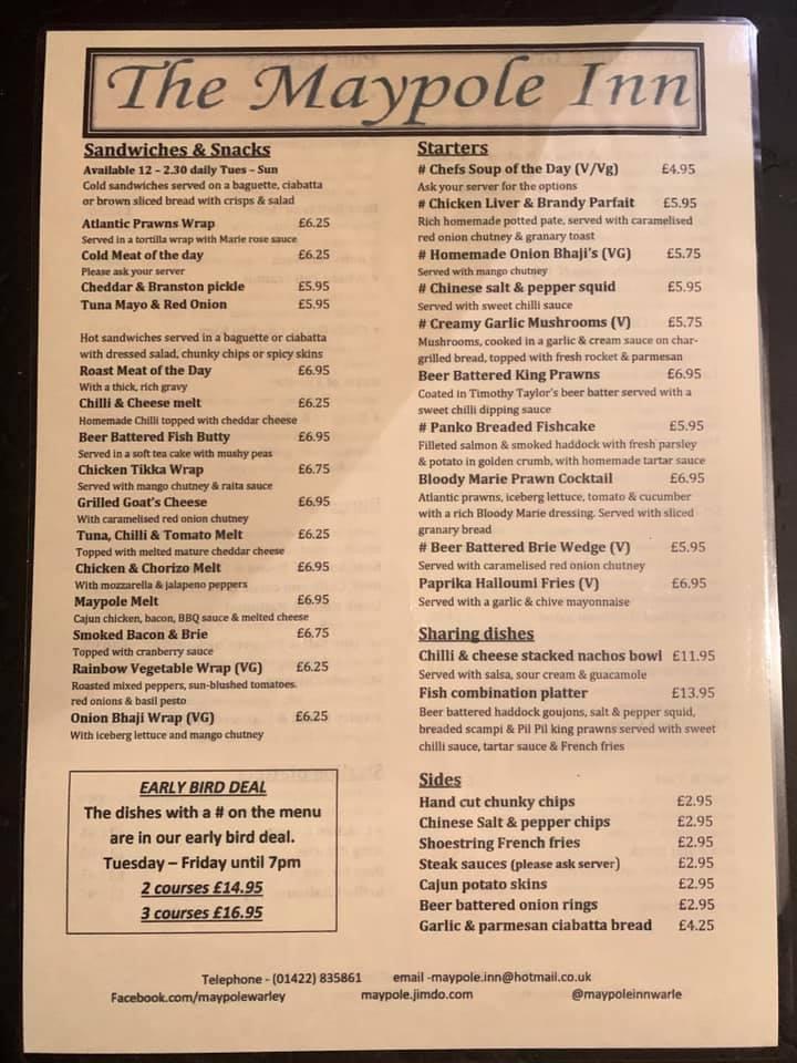 Menu at The Maypole Inn pub & bar, Halifax