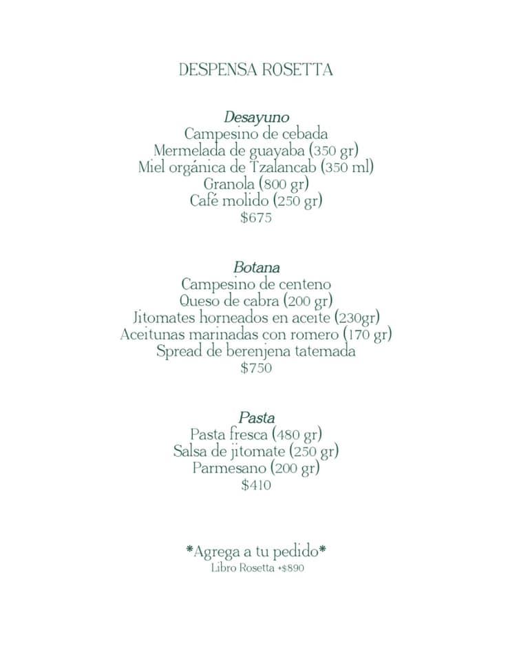 Carta de Restaurante Rosetta, Ciudad López Mateos, Colima #166 Col. Roma