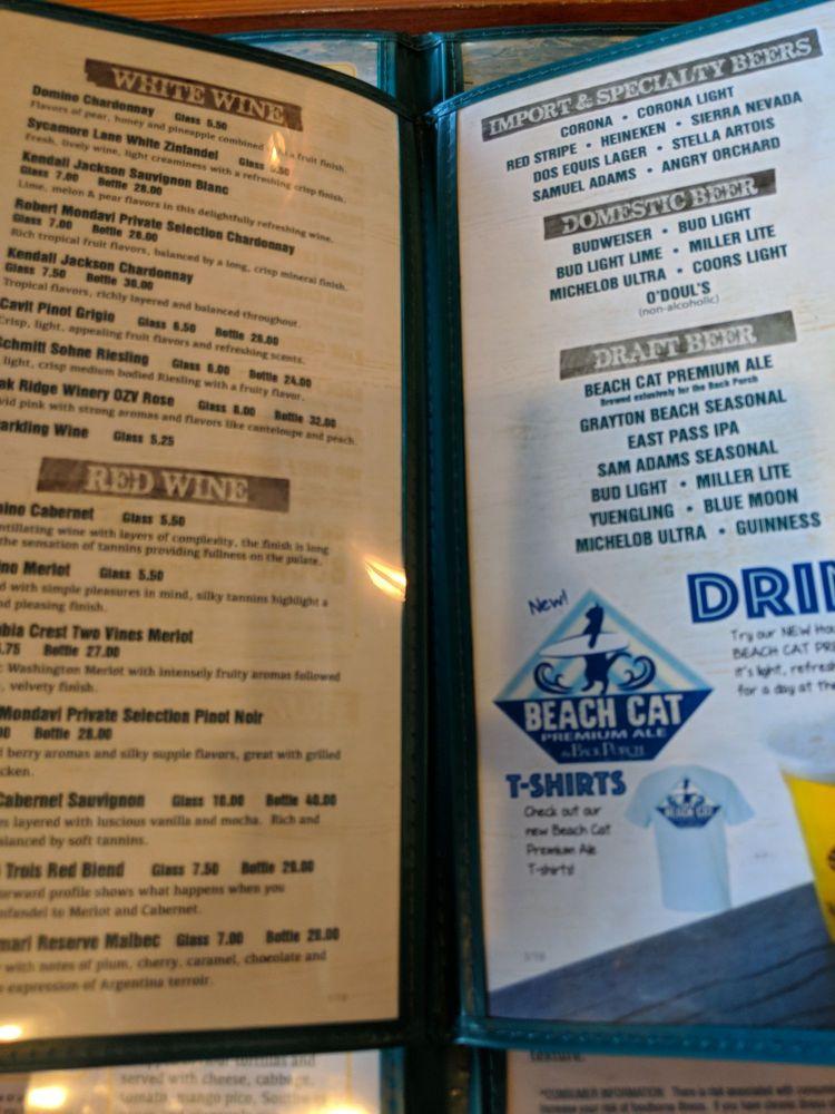 Menu at The Back Porch Seafood & Oyster House restaurant, Panama City ...