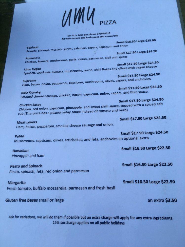 Menu at UMU Restaurant and Cafe, Coromandel