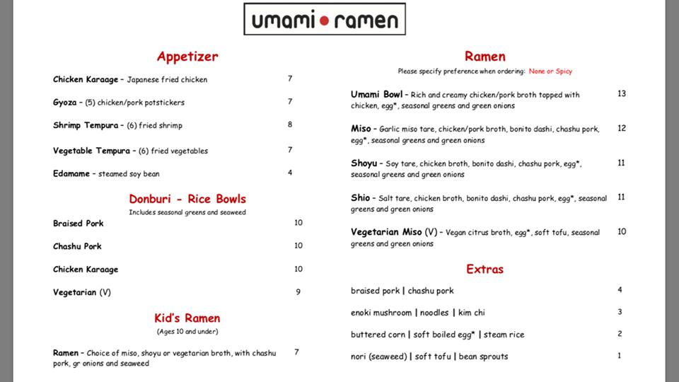Menu at Umami Ramen restaurant, Happy Valley, SE Sunnyside Rd