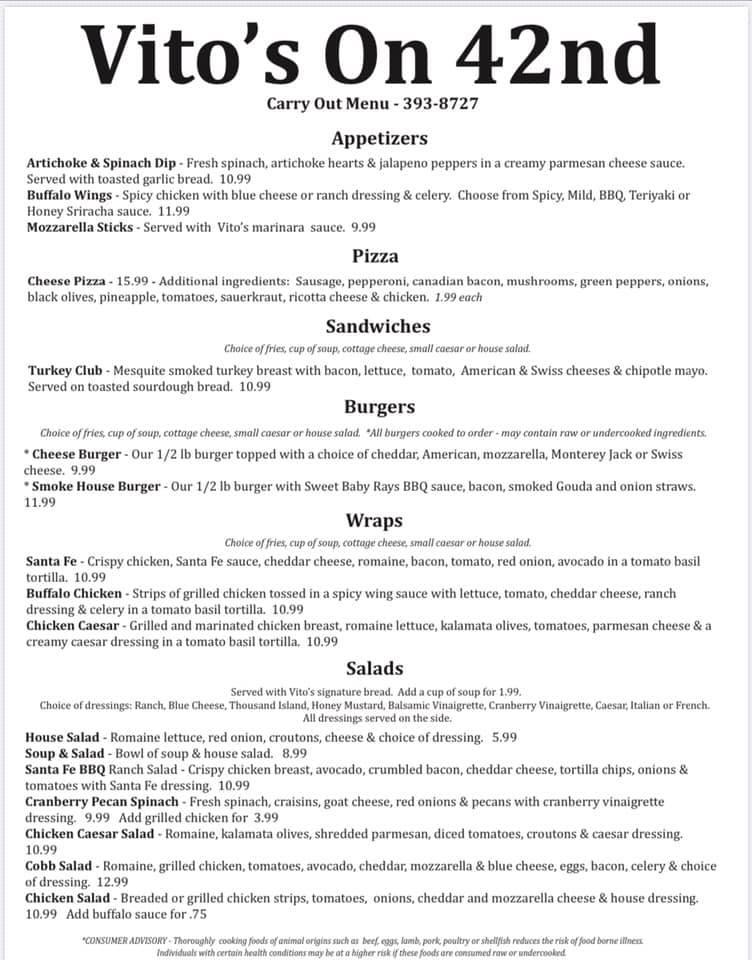 Menu at Vito's on 42nd restaurant, Cedar Rapids