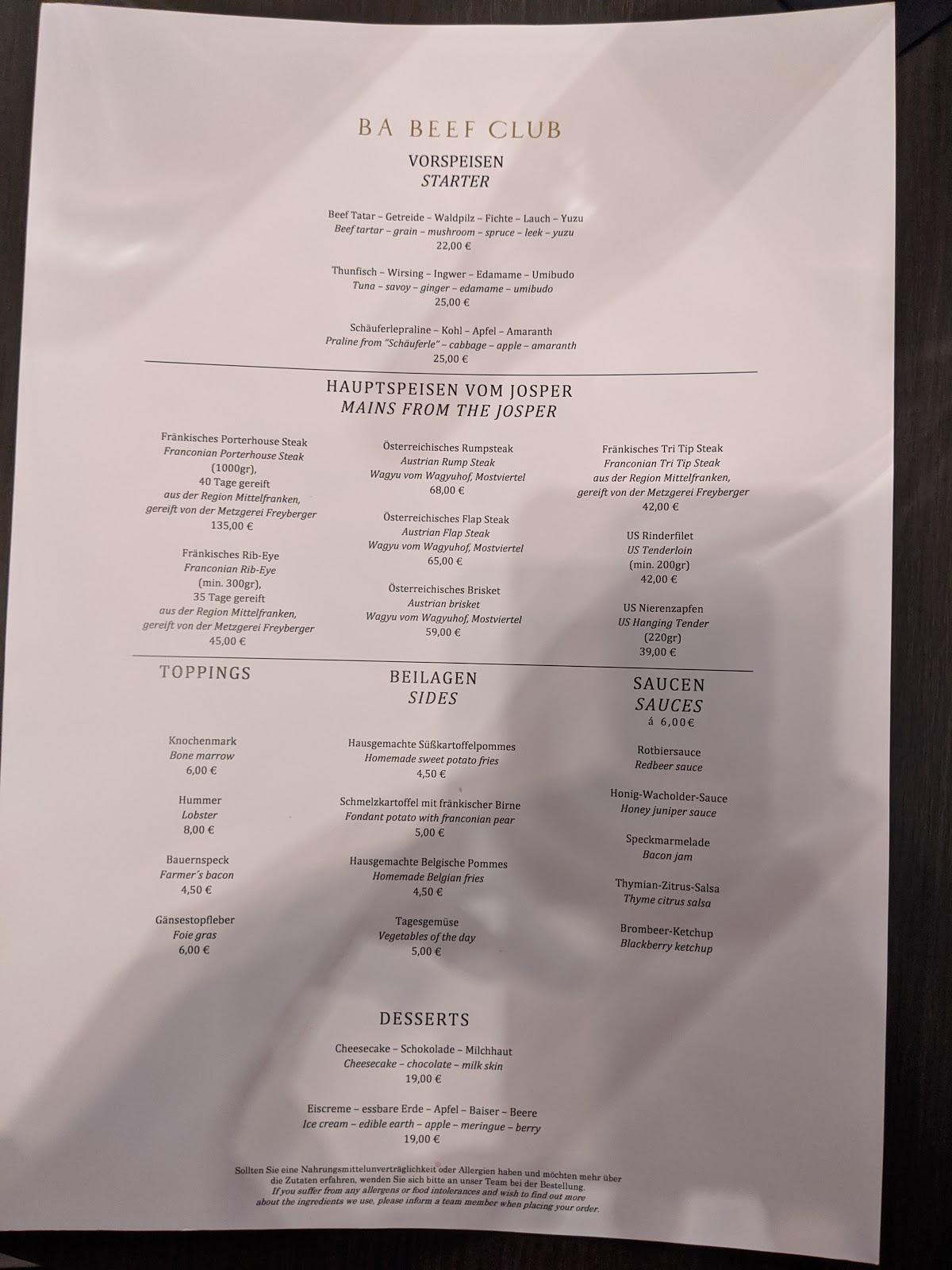 Speisekarte von BA Beef Club, Nürnberg