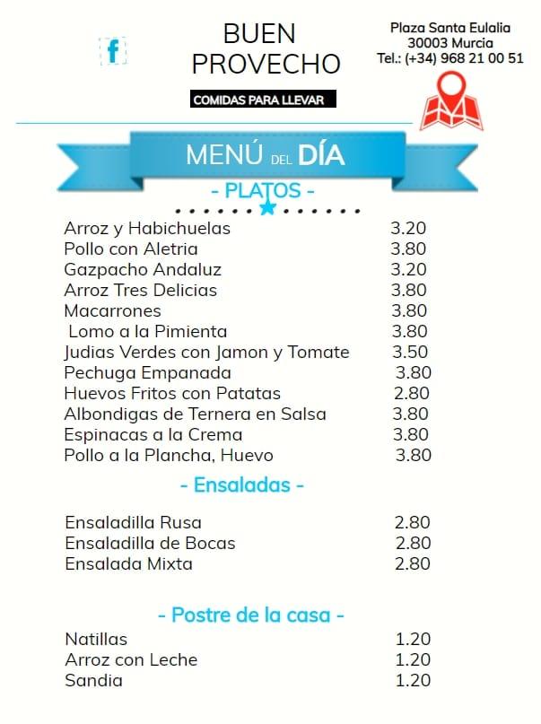 Menu at Buen Provecho restaurant, Murcia