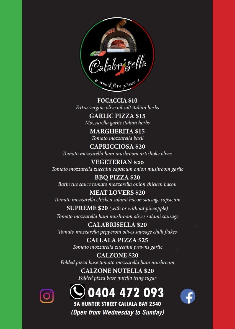 Menu at Calabrisella Woodfired Pizzeria Callala Beach, Callala Beach