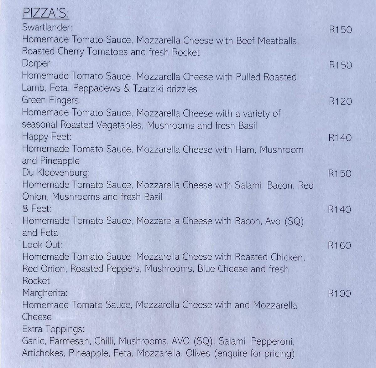 Menu at Eight Feet Village restaurant, Cape Town