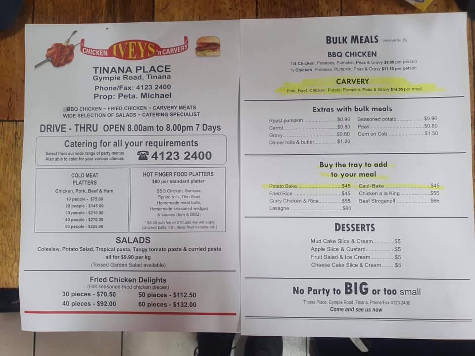 Menu at Ivey's Chicken & Carvery restaurant, Tinana, Shop 6/24 Gympie Rd