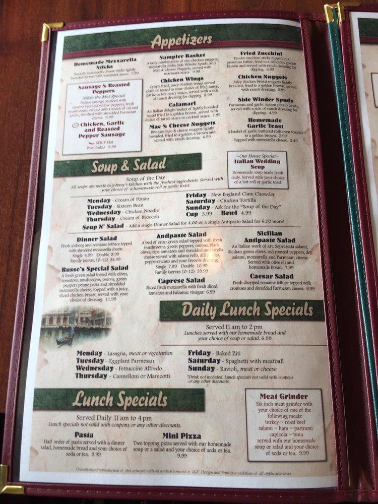 Menu at Johnny Russo's Italian Restaurant, Banning