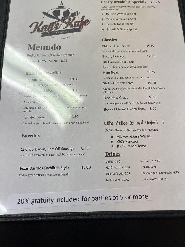 Menu at Kay's Kafe cafe, Phoenix