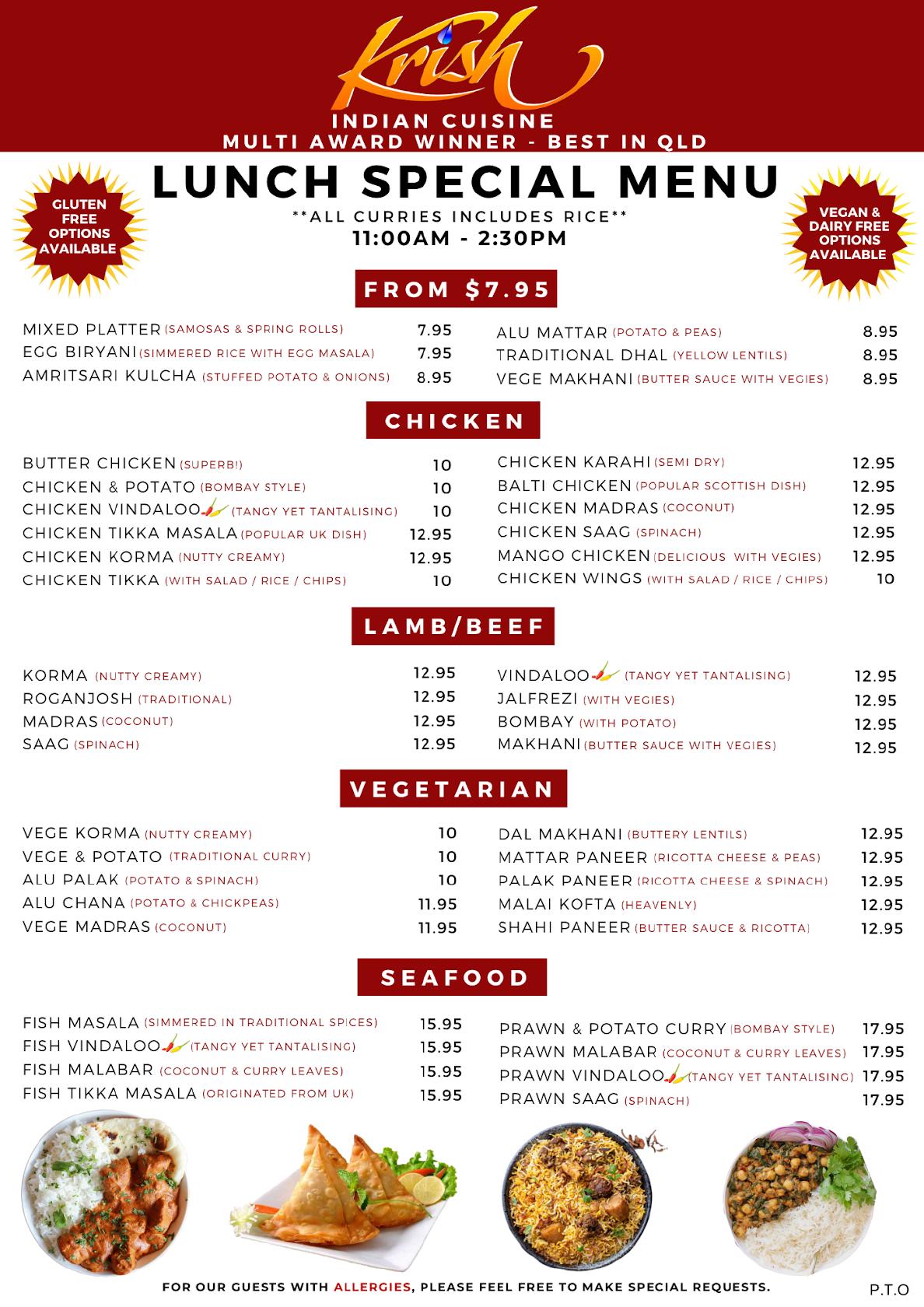 Menu at Krish Indian Cuisine Varsity Lakes restaurant, Varsity Lakes ...