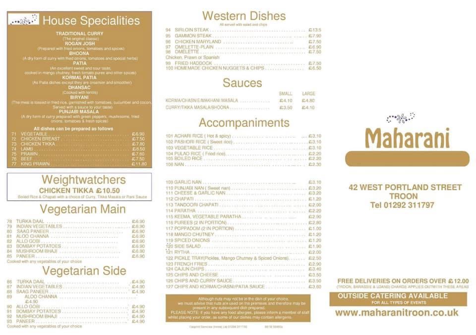 Menu at Maharani restaurant, Troon