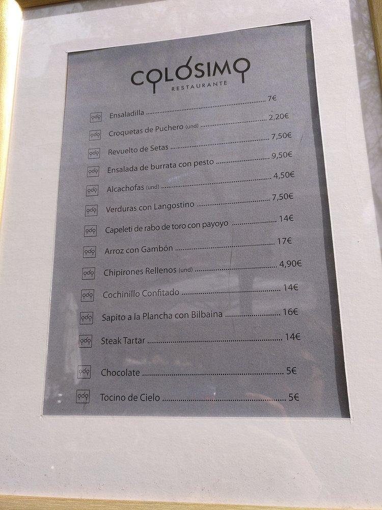 Carta de Restaurante Colósimo, Madrid