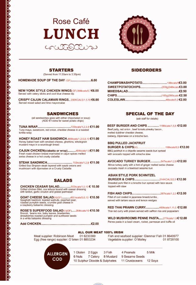 Menu at Rose Cafe & Food Services, Dublin, Cappagh Rd