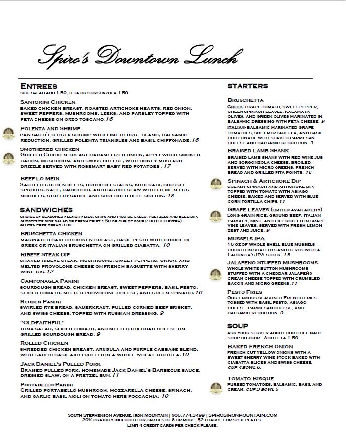 Menu at Spiro's Downtown Restaurant, Iron Mountain