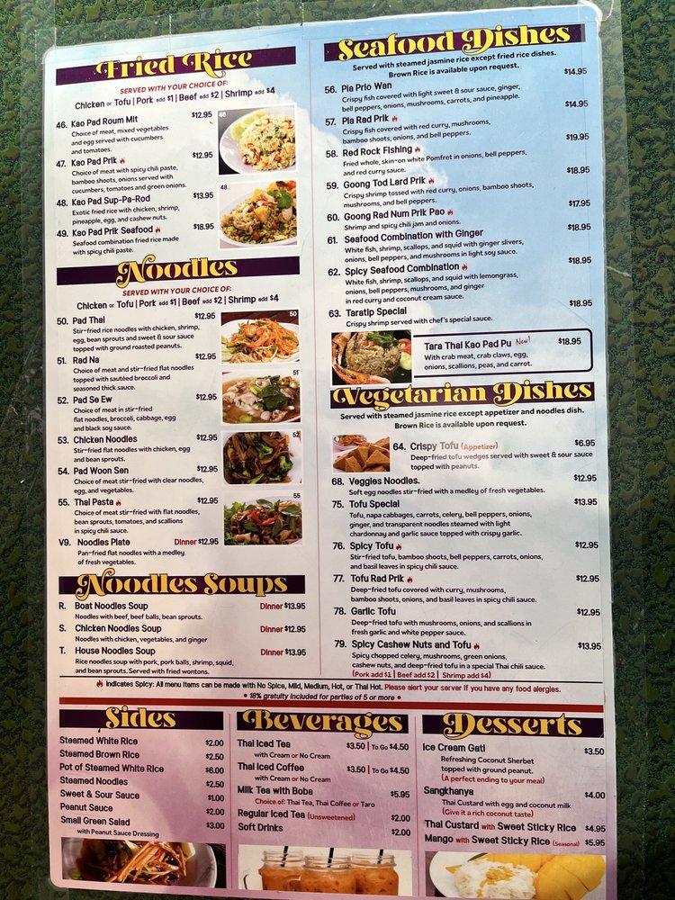Menu at Tara Thai Restaurant, Sedona