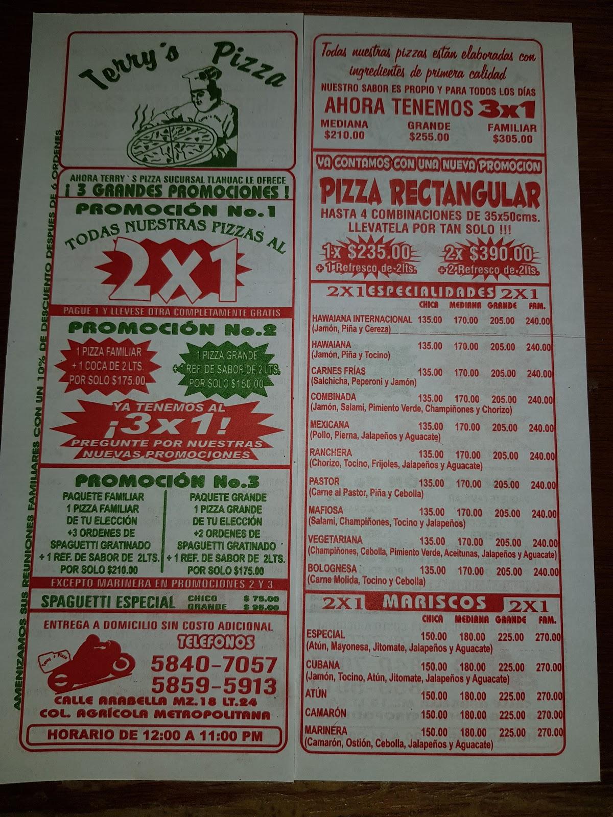 Menu at Terry's Pizza restaurant, Mexico City, Arabella MZ18 LT24