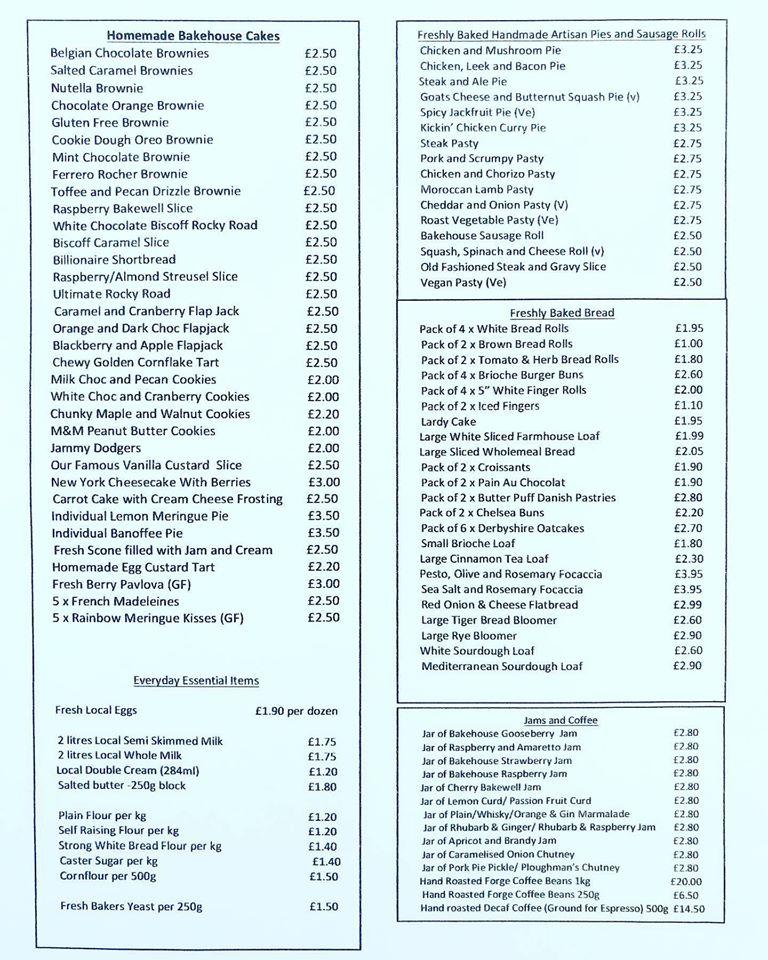 Menu at The Bridge Bakehouse cafe, Whaley Bridge