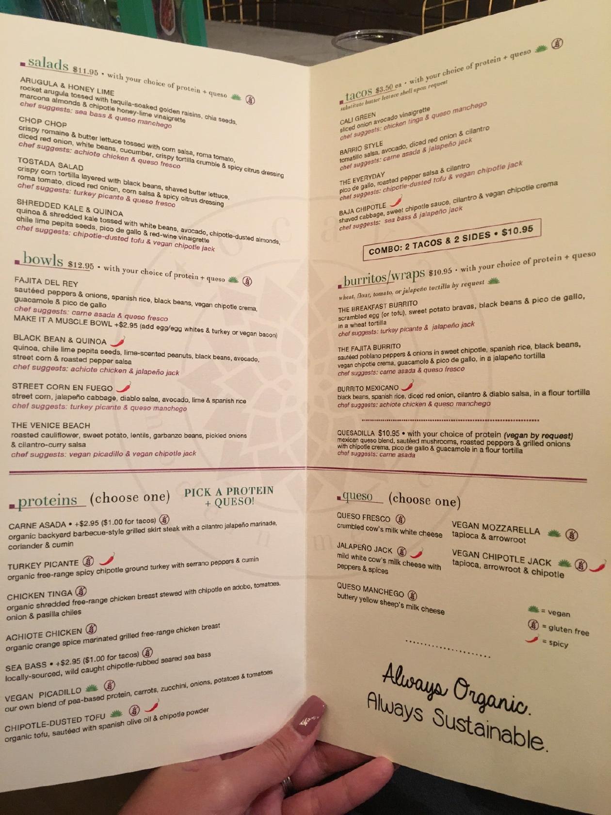 Menu at Tocaya Modern Mexican restaurant, Los Angeles, Millennium Dr #101