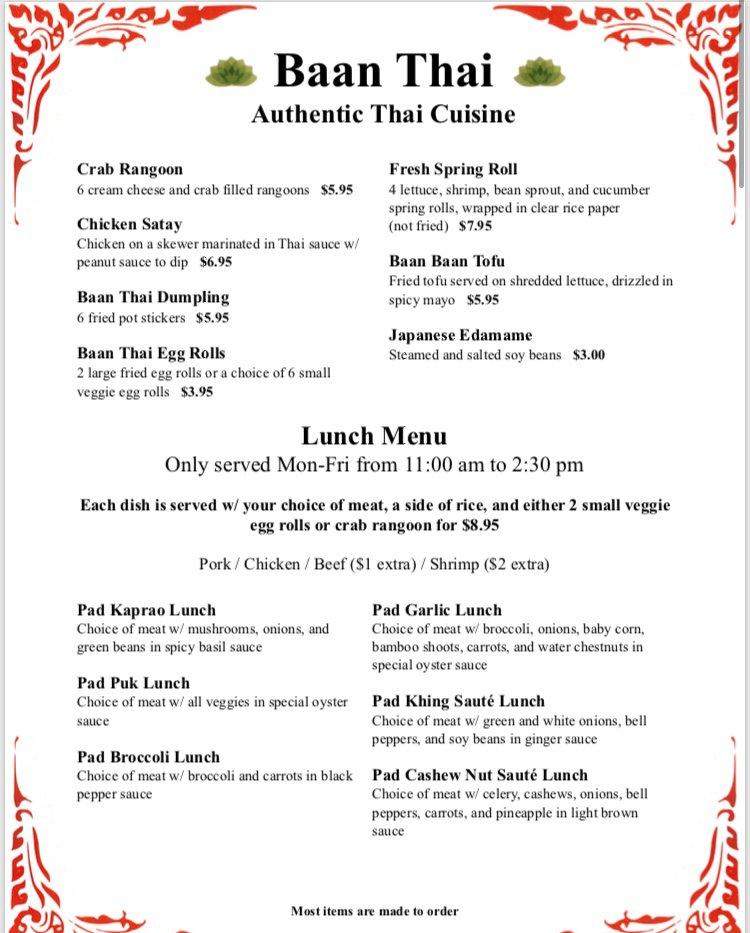 Menu at Baan Thai restaurant, Box Elder