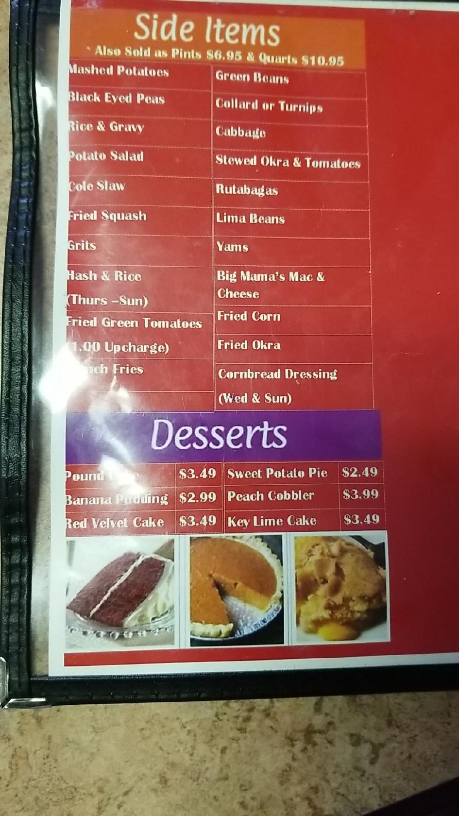 Menu at Big Mama's Soul Food desserts, Augusta
