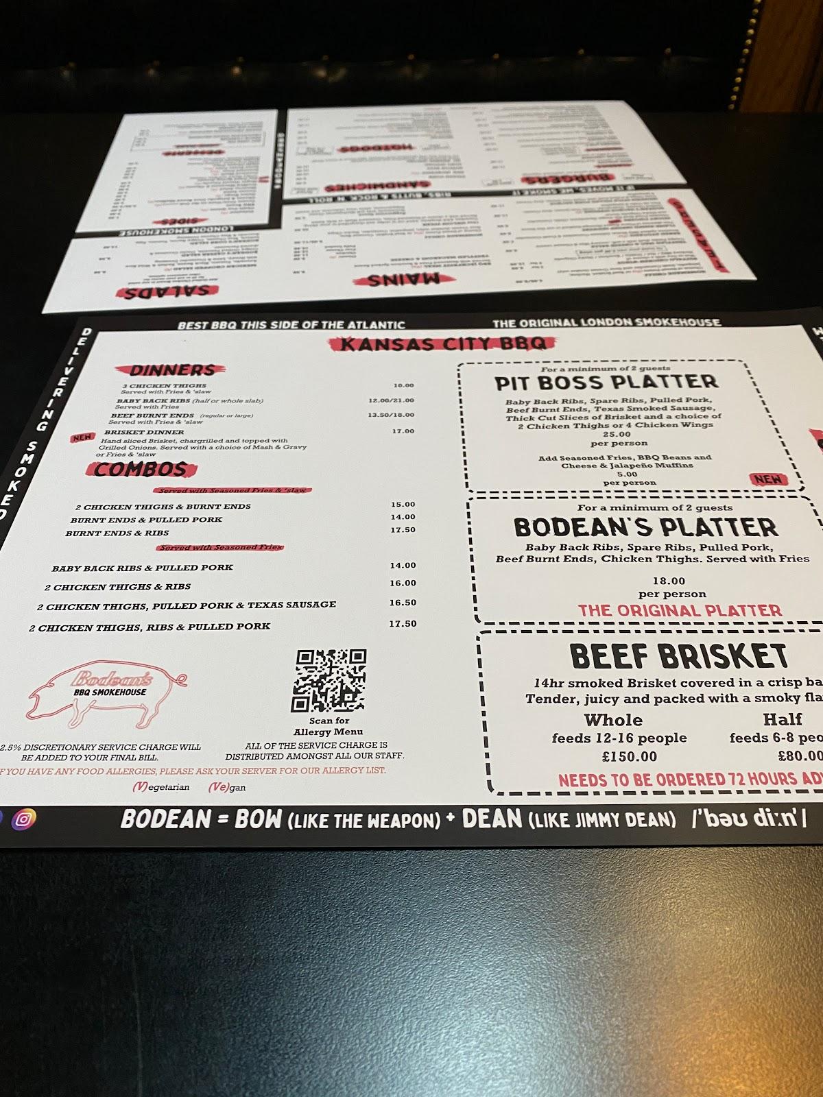 Menu at Bodean's BBQ Covent Garden, London, 25 Catherine St