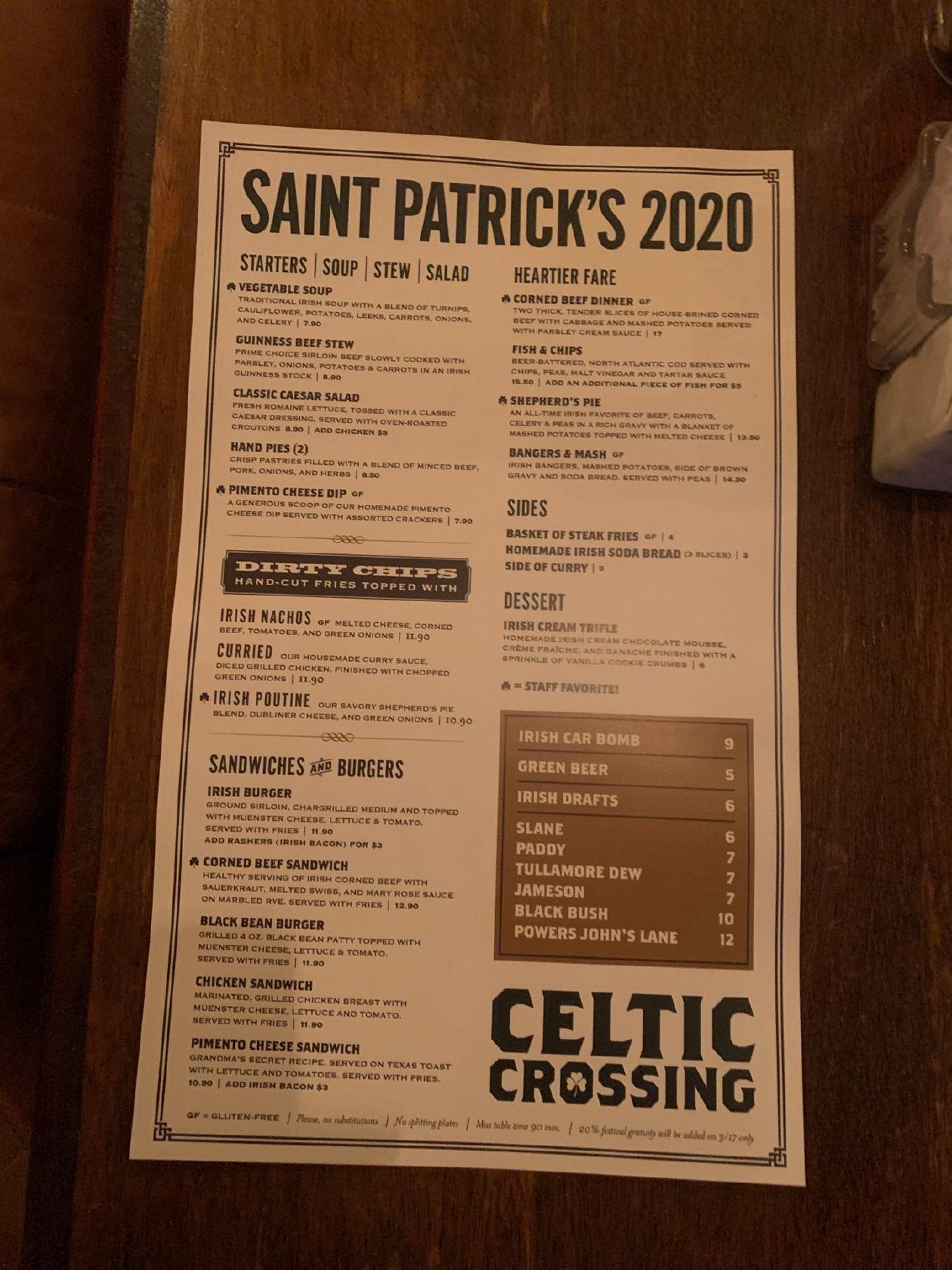 Menu at Celtic Crossing Irish Pub, Memphis