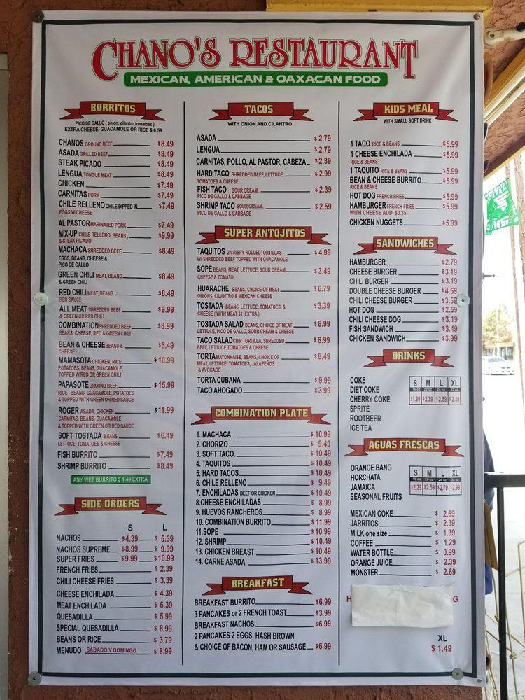 Menu at Chanos Drive-In restaurant, San Gabriel