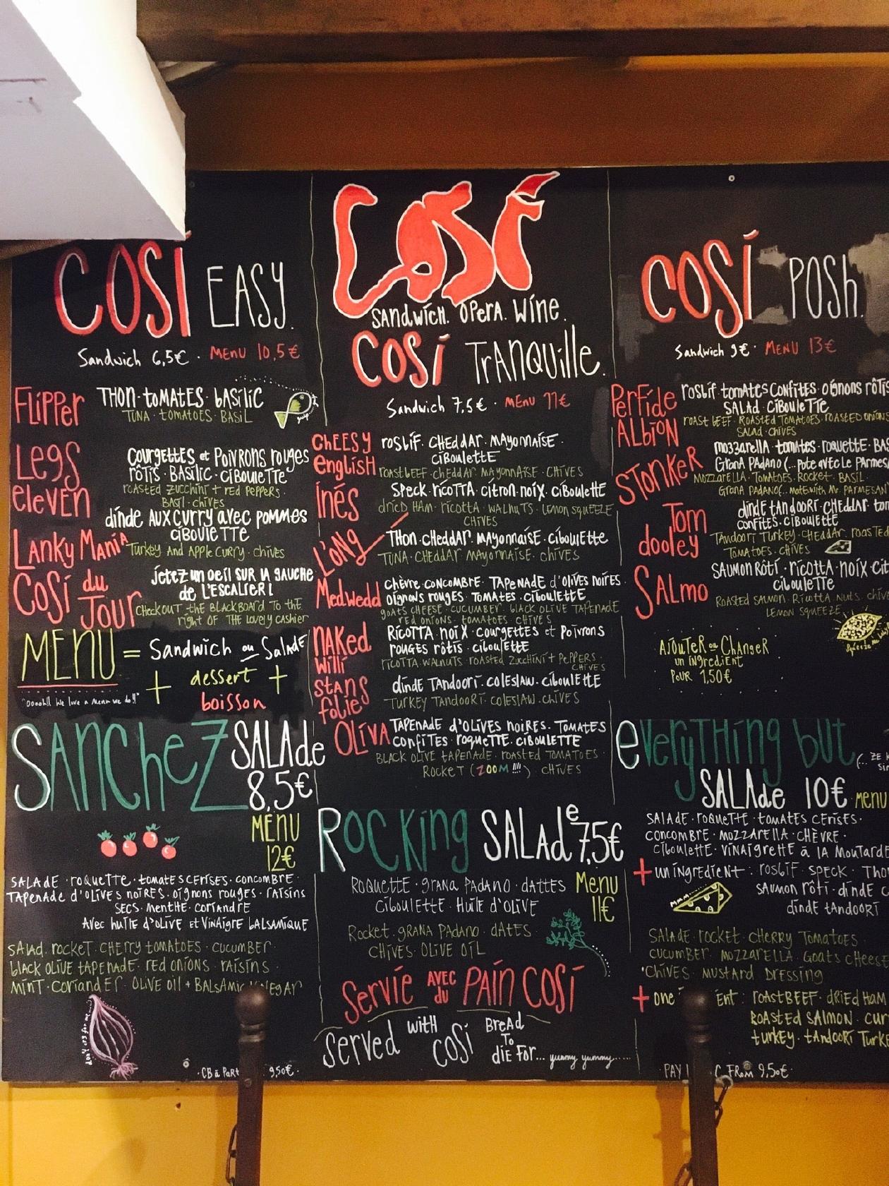 Menu at Cosi restaurant, Paris, 54 Rue de Seine