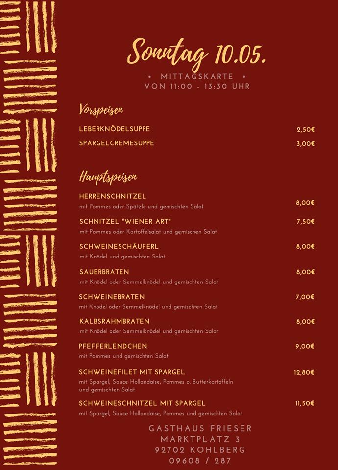 Menu at Gasthaus Frieser restaurant, Kohlberg