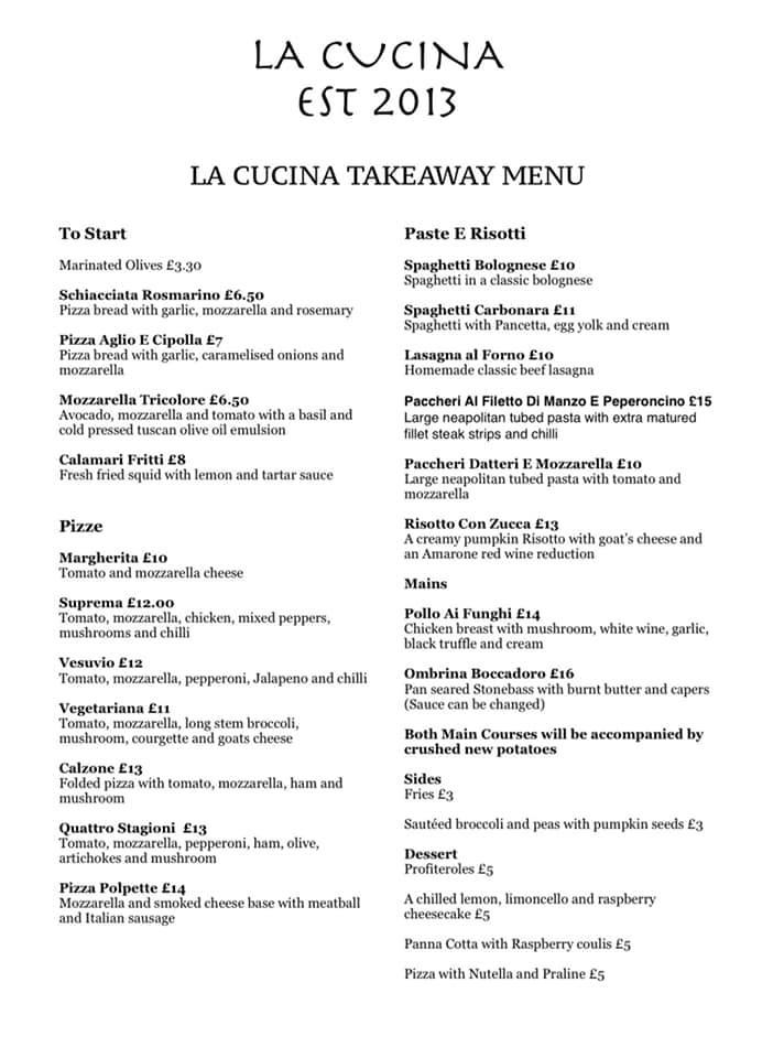 Menu at La Cucina Italian Restaurant, Littlehampton