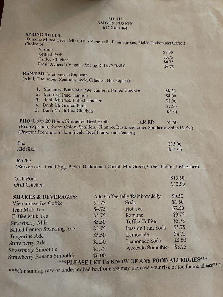 Menu at Saigon Fusion restaurant, Boston