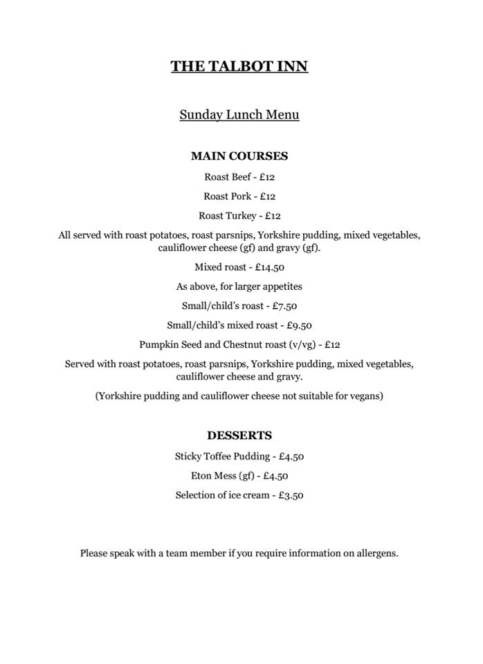 Menu at Talbot Inn pub & bar, Calne