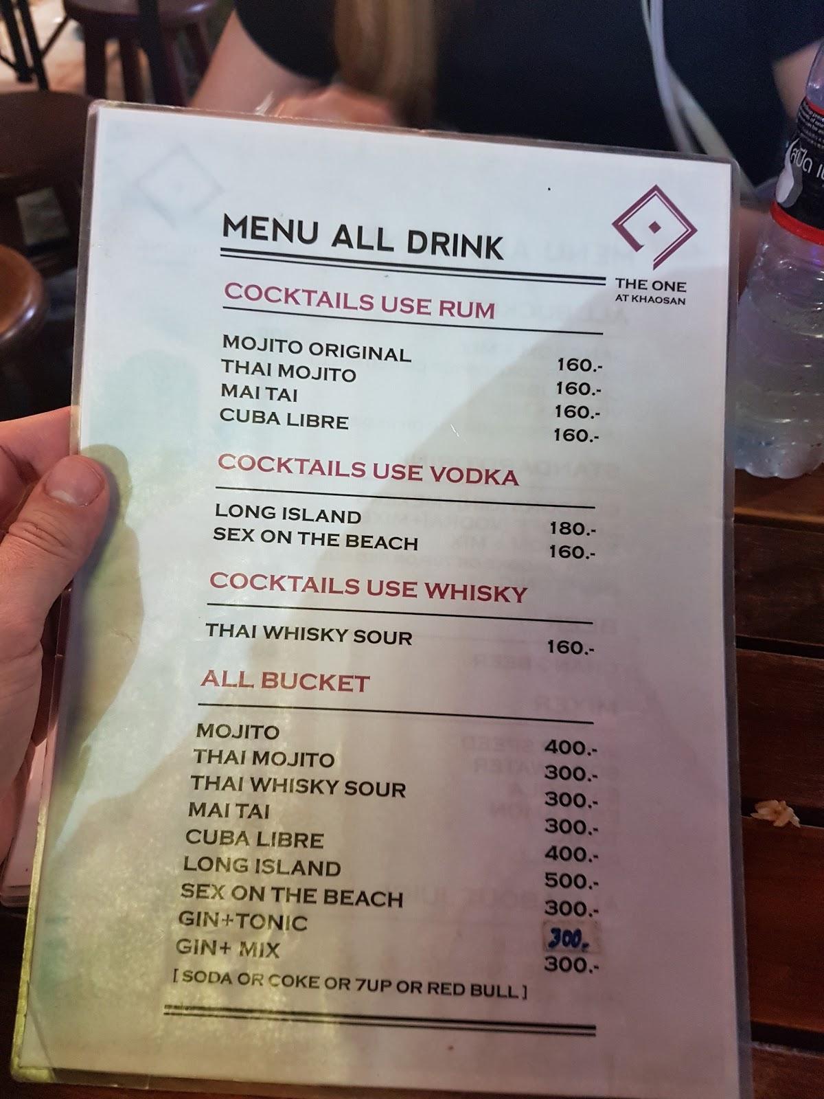 Menu at The ONE at Khaosan pub & bar, Bangkok