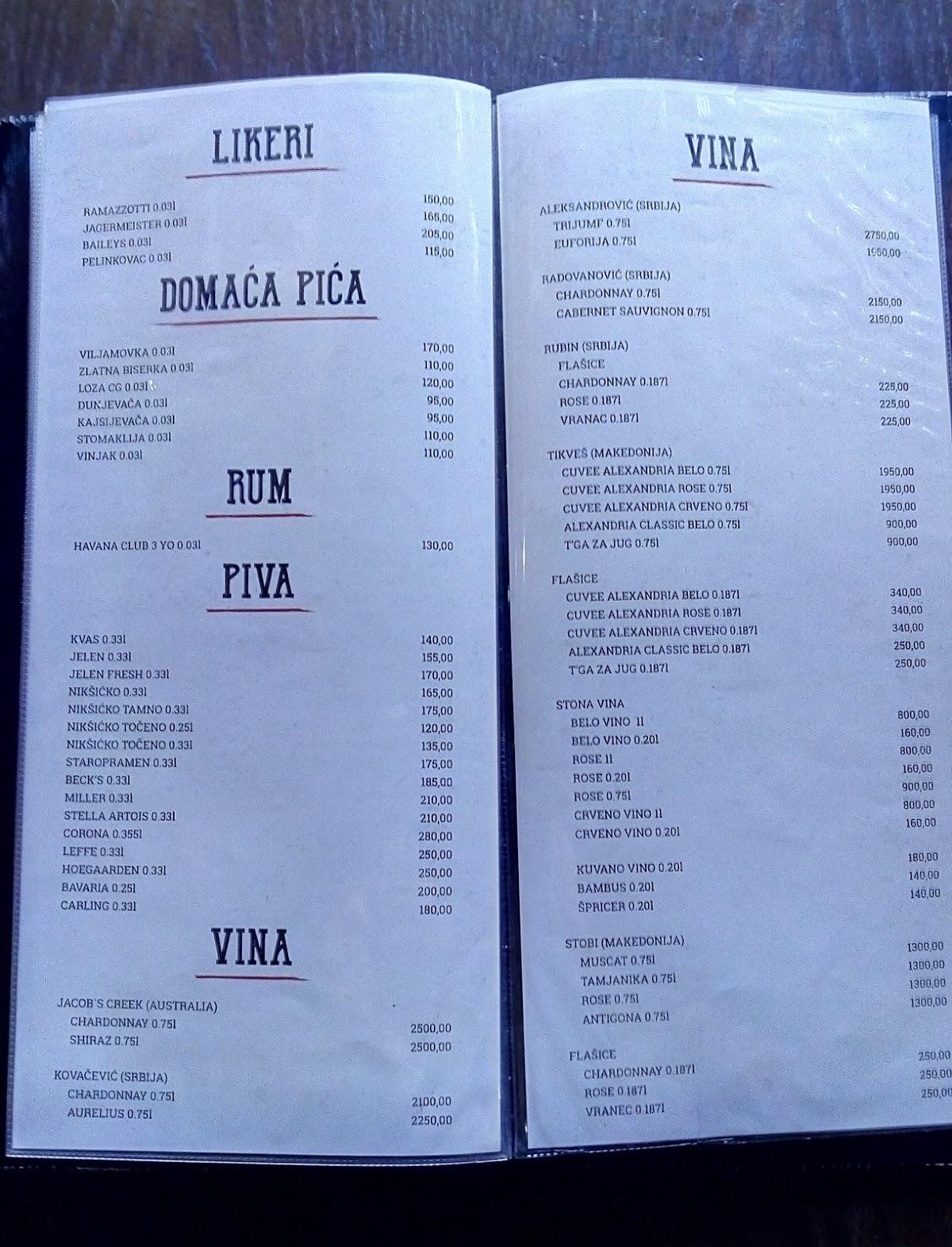 Menu at Vagon Restoran restaurant, Užice