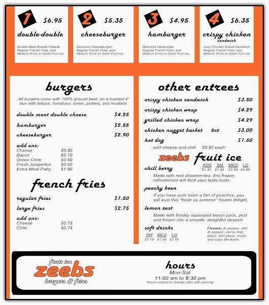 Menu at Zeebs. Fruit Ice, Burgers and Fries. fast food, Las Cruces