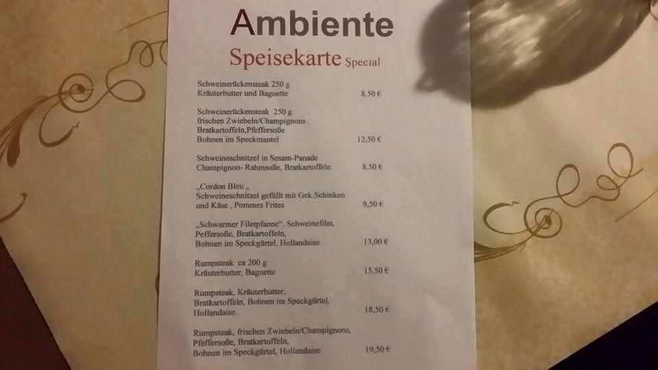 Menu at Ambiente restaurant, Schwarme