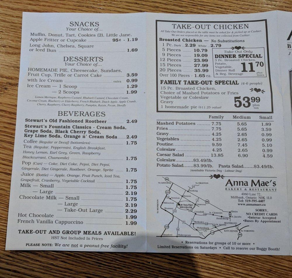 Menu at Anna Mae's Bakery & Restaurant, Millbank