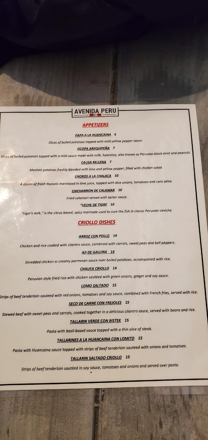 Menu at Avenida Peru restaurant, Chicago