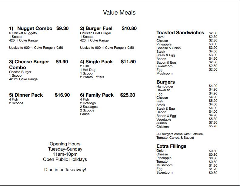 Menu at Country Chef Fast Food, Dannevirke
