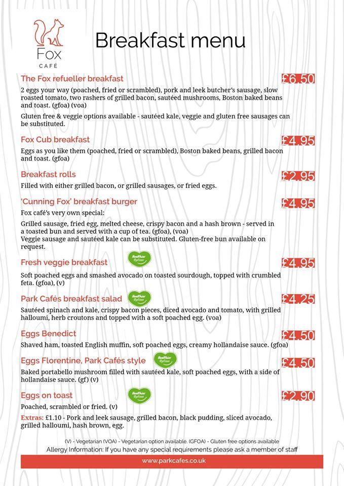 Menu at Fox Cafe at Redhill, Bournemouth