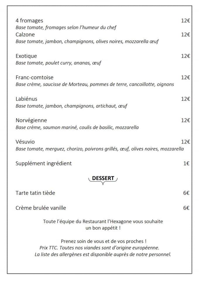 Menu au L HEXAGONE pizzeria, Luxeuil-les-Bains, Avenue Labiénus